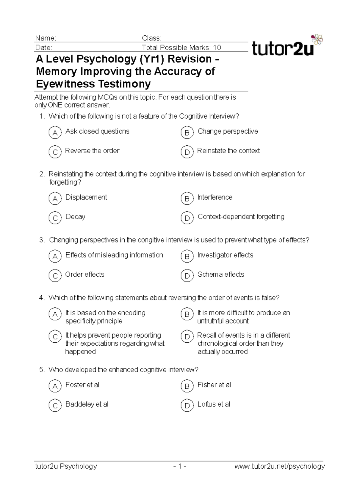 A Level Psychology (Yr1) Revision: Eyewitness Testimony MCQs - Studocu
