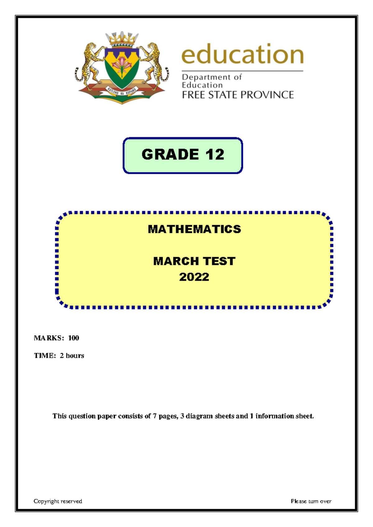 GRADE 12 MATH MARCH TEST 2022: 100 MARKS, 2 HOURS - Studocu