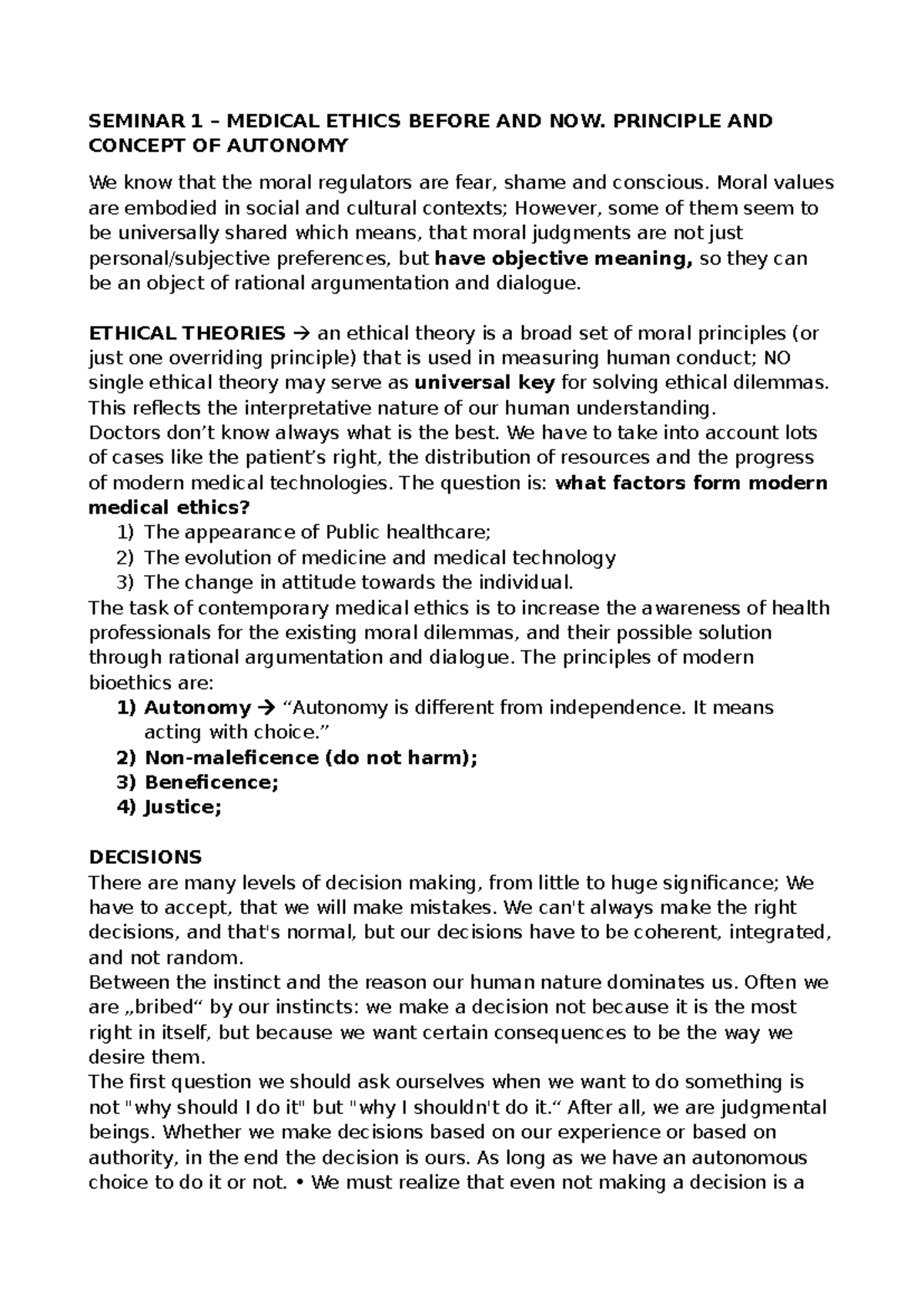Medical Ethics Seminar Notes: Principles, Theories, and Practices - Studocu