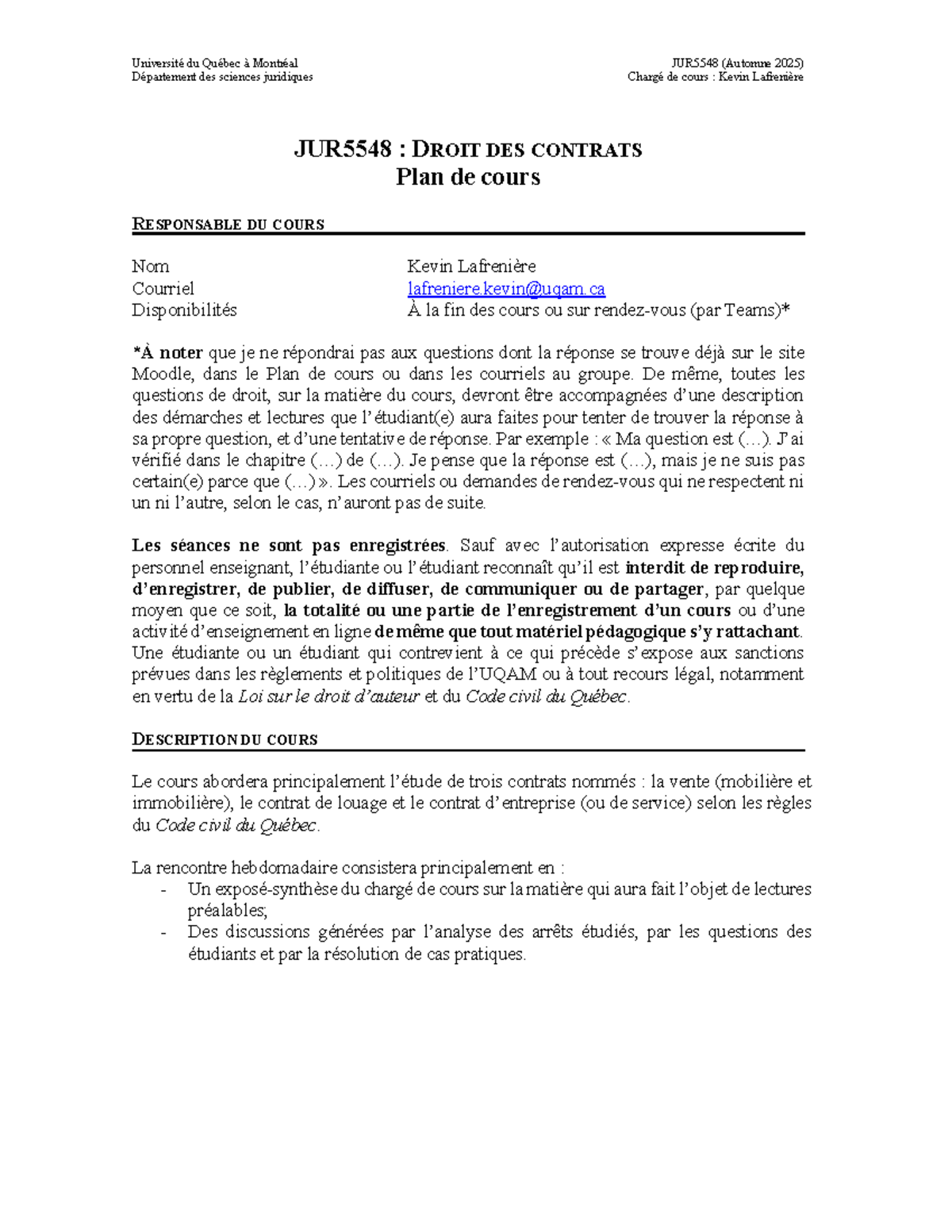 JUR5548 - Plan de cours : Droit des Contrats - Automne 2025 - Studocu