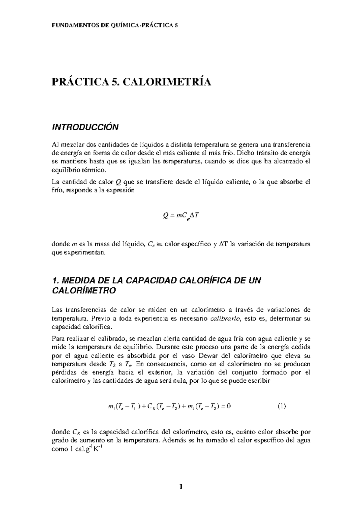 FQpractica 5 - Termodinamica - PRÁCTICA 5. CALORIMETRÍA INTRODUCCIÓN Al ...