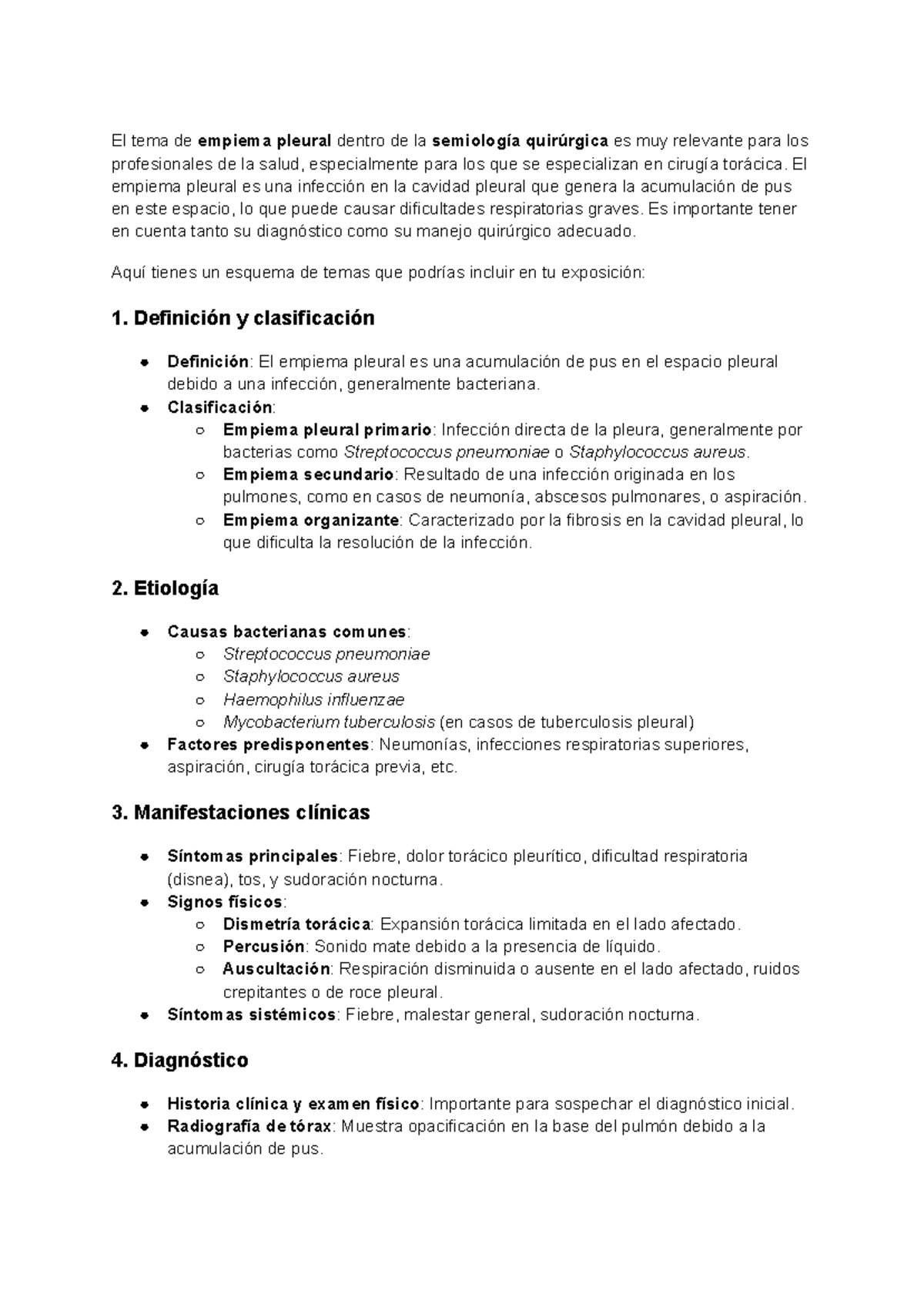 Empiema Pleural: Definición, Etiología y Diagnóstico en Cirugía - Studocu