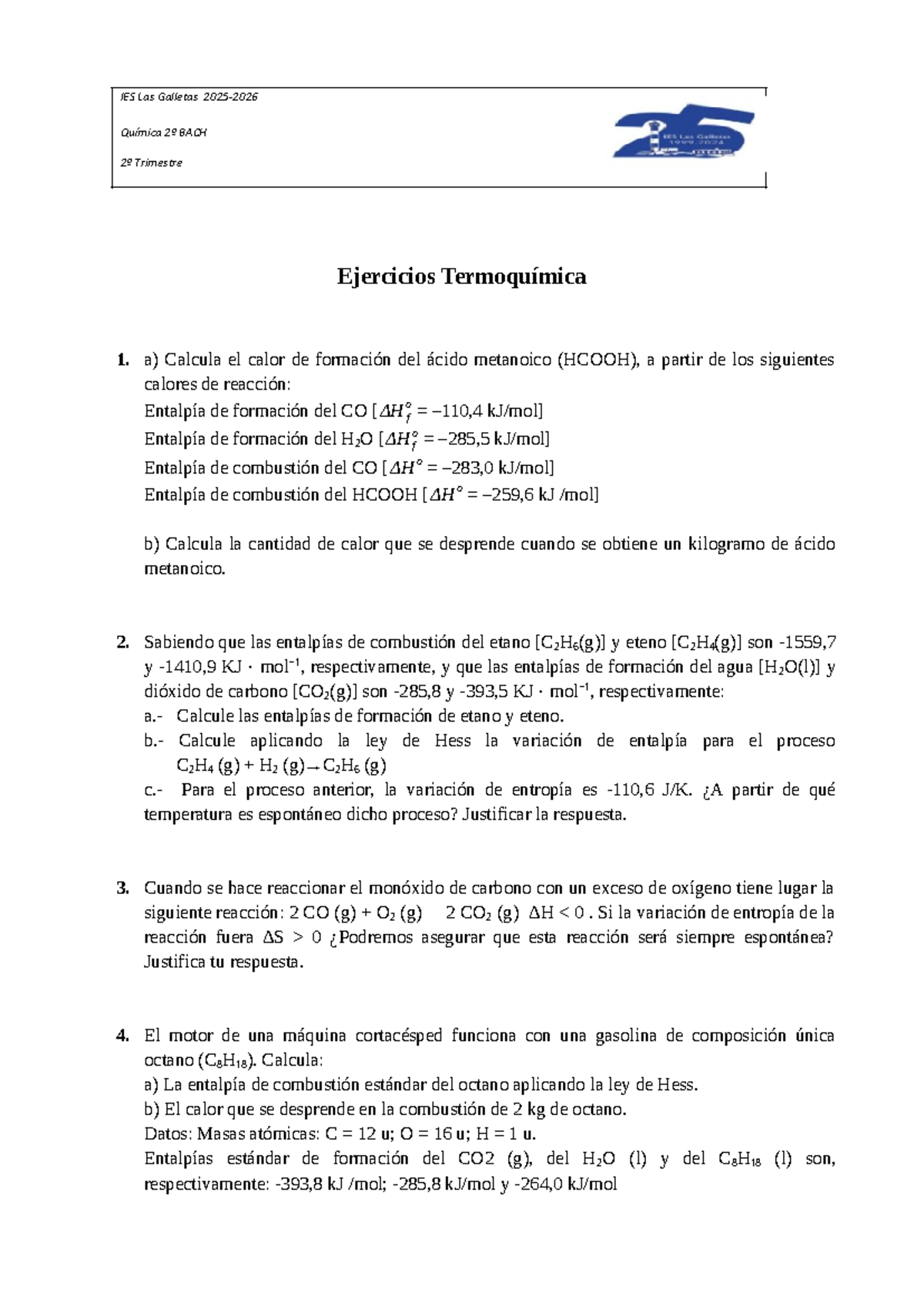 Ejercicios de Termoquímica - IES Las Galletas Química 2º BACH 2º ...