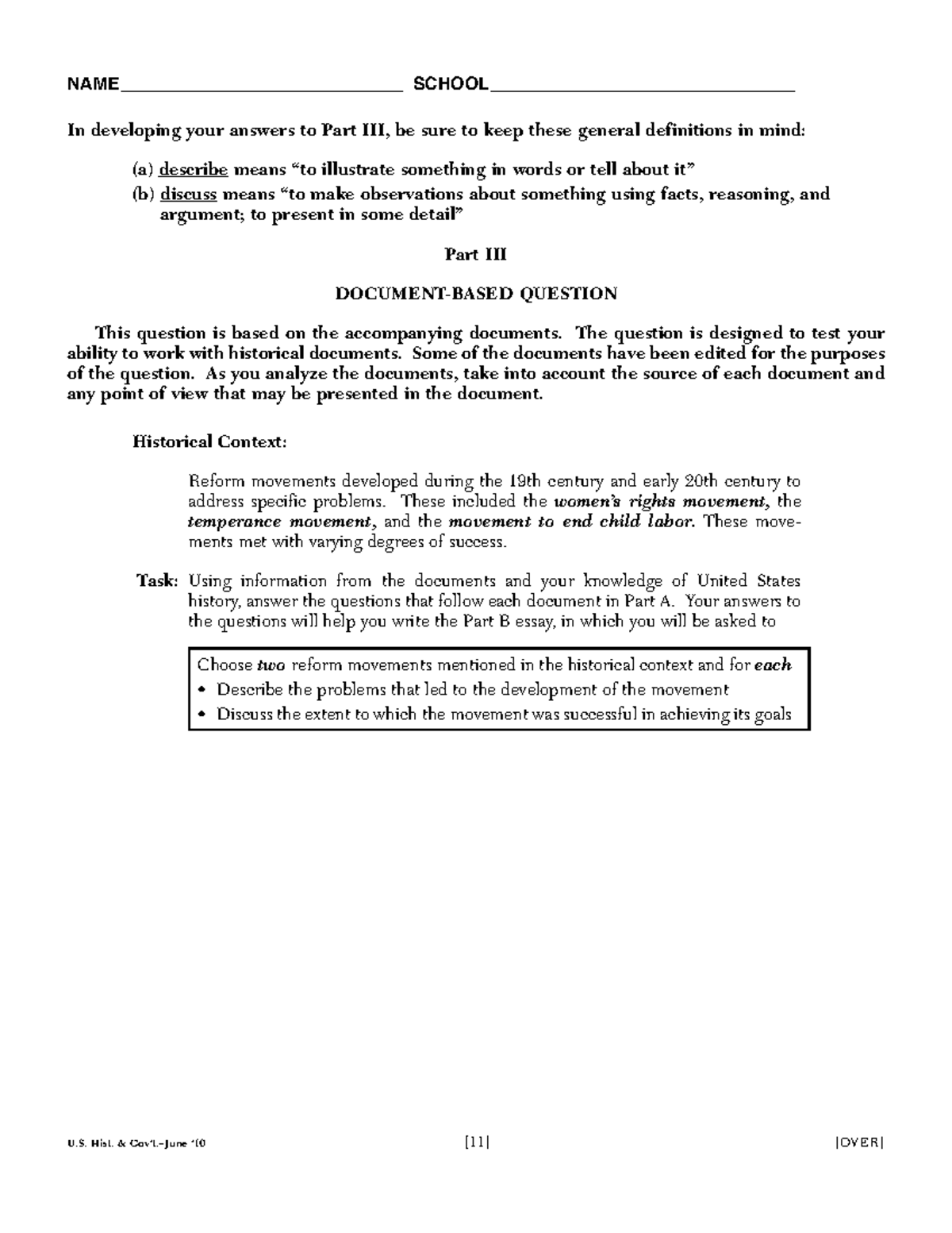 US DBQ Womens Rights Temperance Child Labor - U. Hist. & Gov’t.–June ...