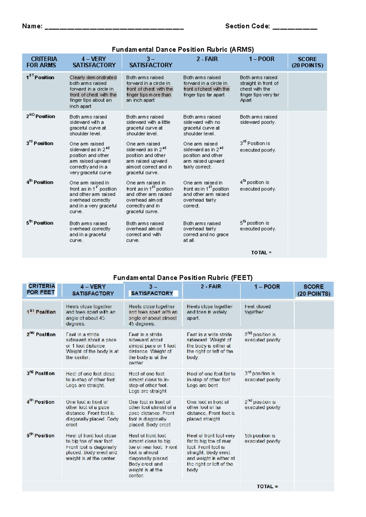 Fundamental Dance Position Rubric (ARMS & FEET) Evaluation Guide - Studocu