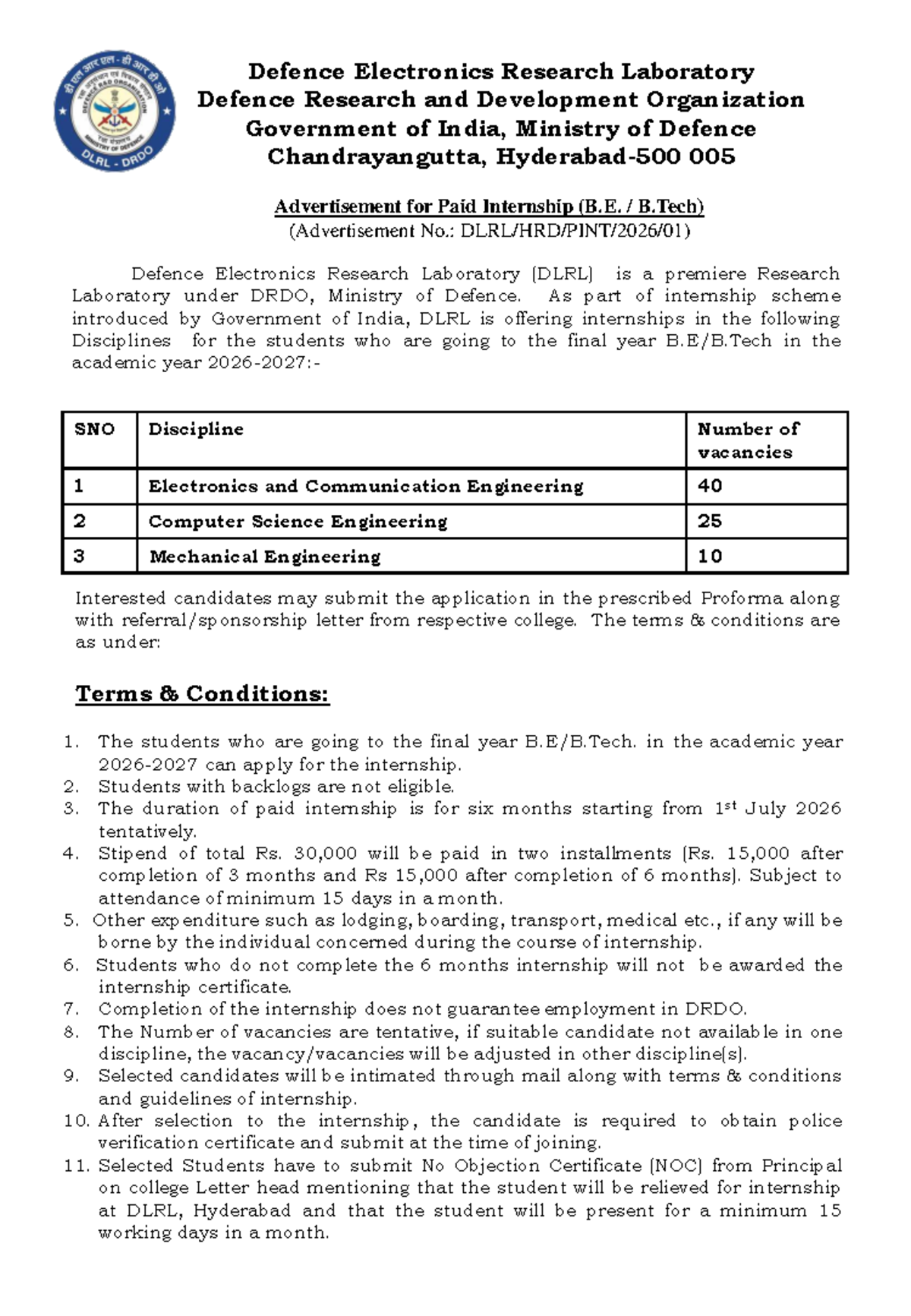 Advt DLRL 16042026: Paid Internship Opportunities for B.E./B.Tech ...