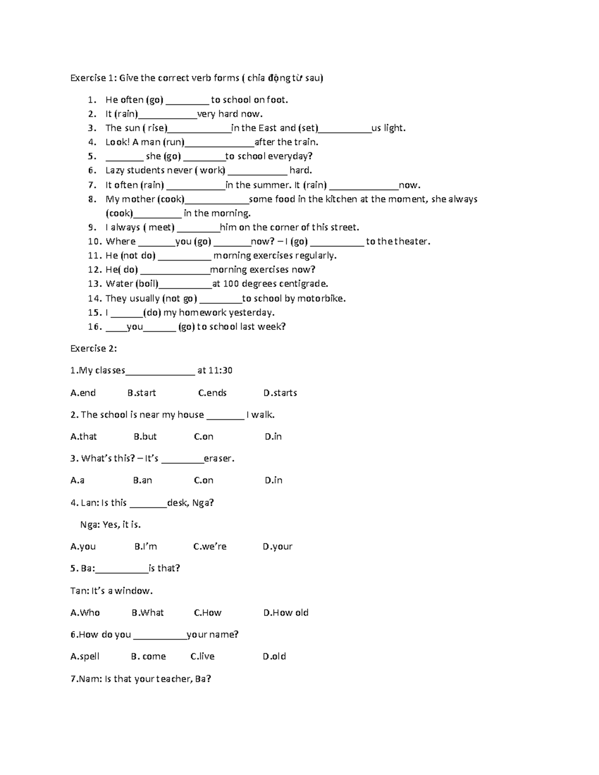 Exercise 1 & 2: Correct Verb Forms and Sentence Completion (Test Bang ...