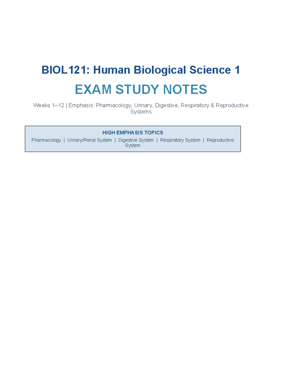 BIOL121: Human Biological Science 1 Final Exam Study Notes on Key ...