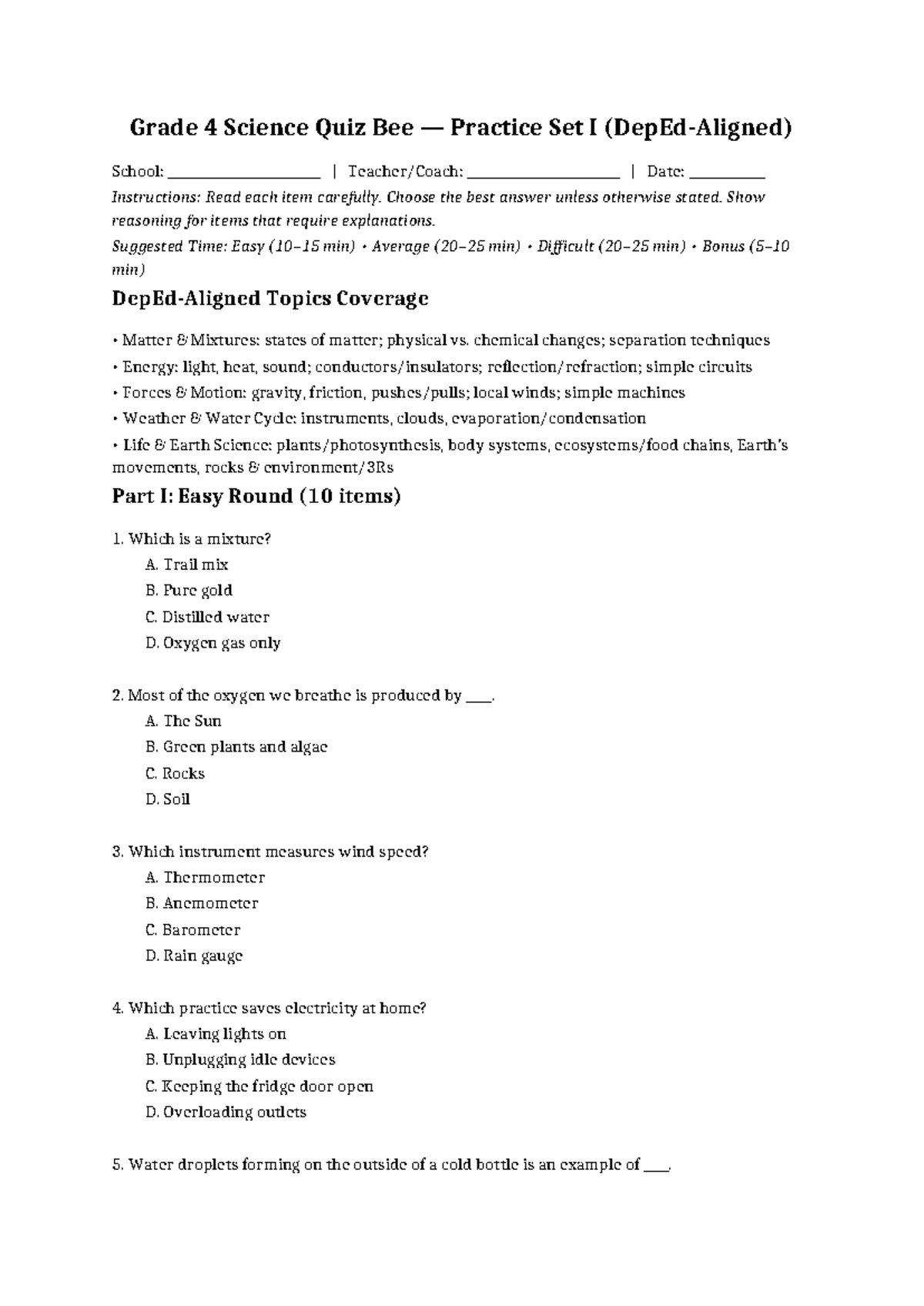 Grade 4 Science Quiz Bee Practice Set I - DepEd - Studocu