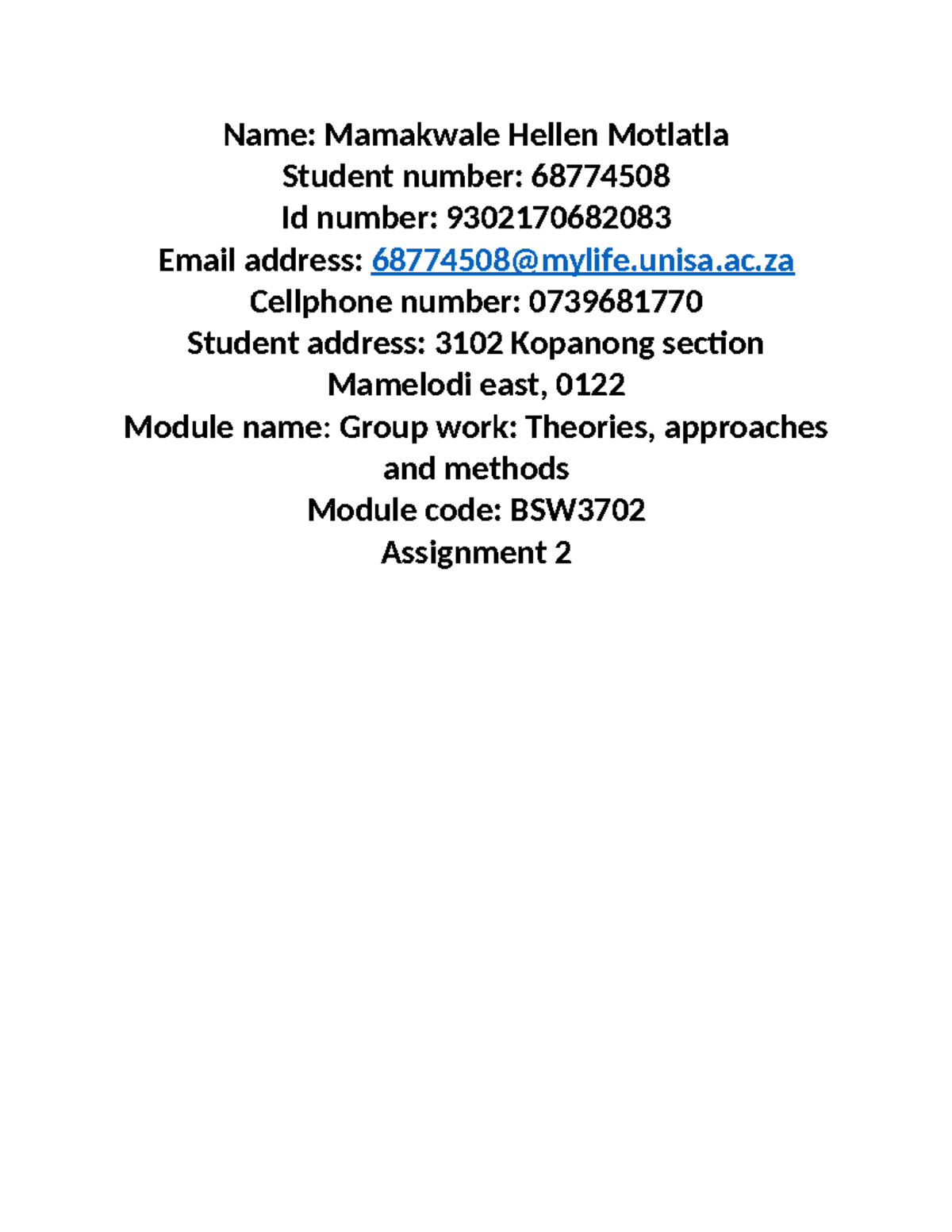 BSW3702 Assignment 2 - Group Work Theories & Methods Notes - Studocu