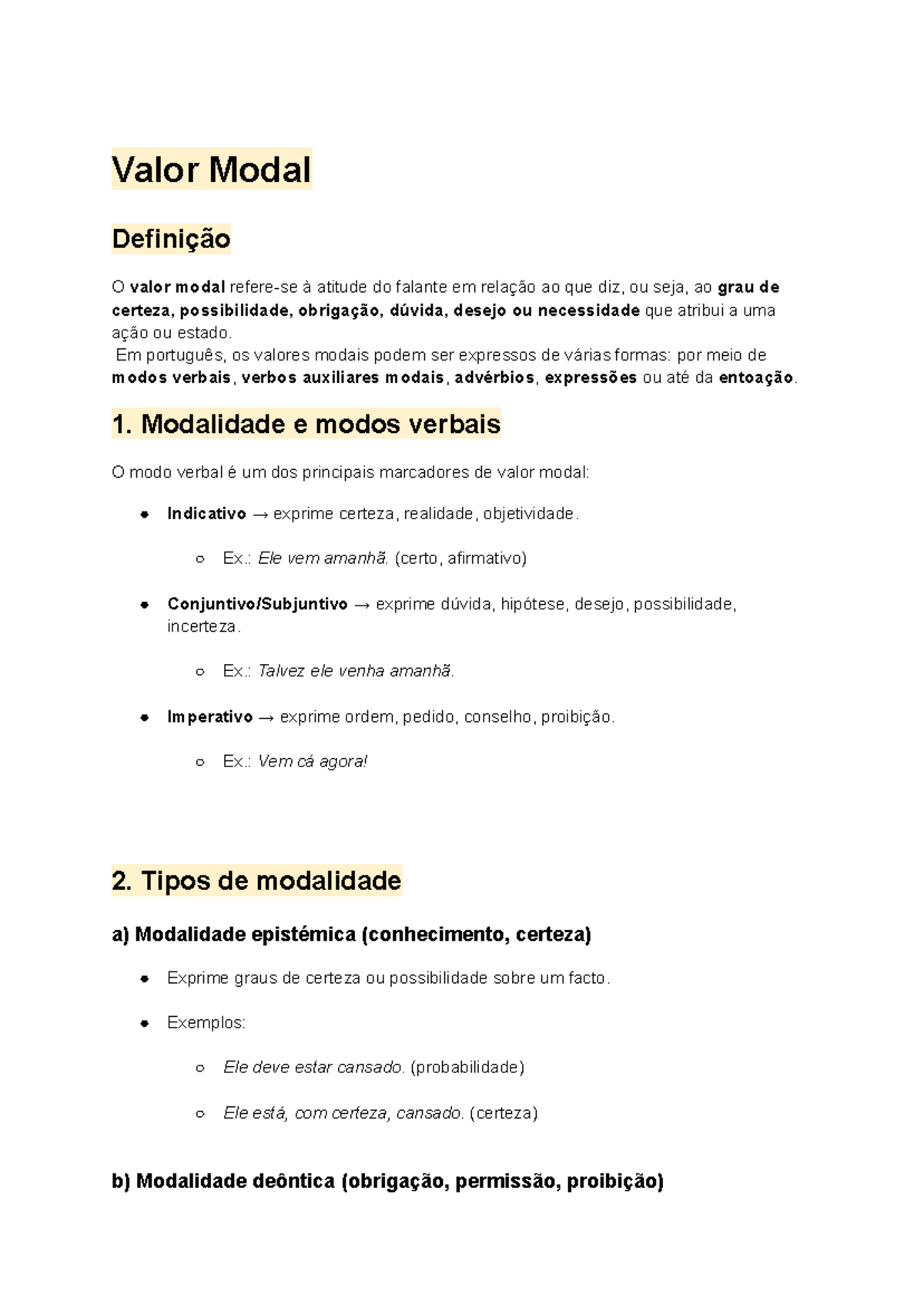 Resumo sobre Valor Modal em Português: Definições e Exemplos - Studocu