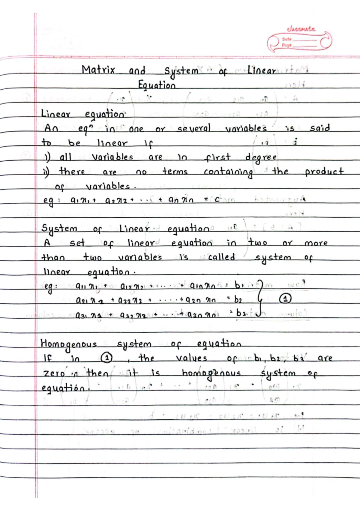 Algebra and Geometry - Semester II: Matrix and Linear Equations Notes ...