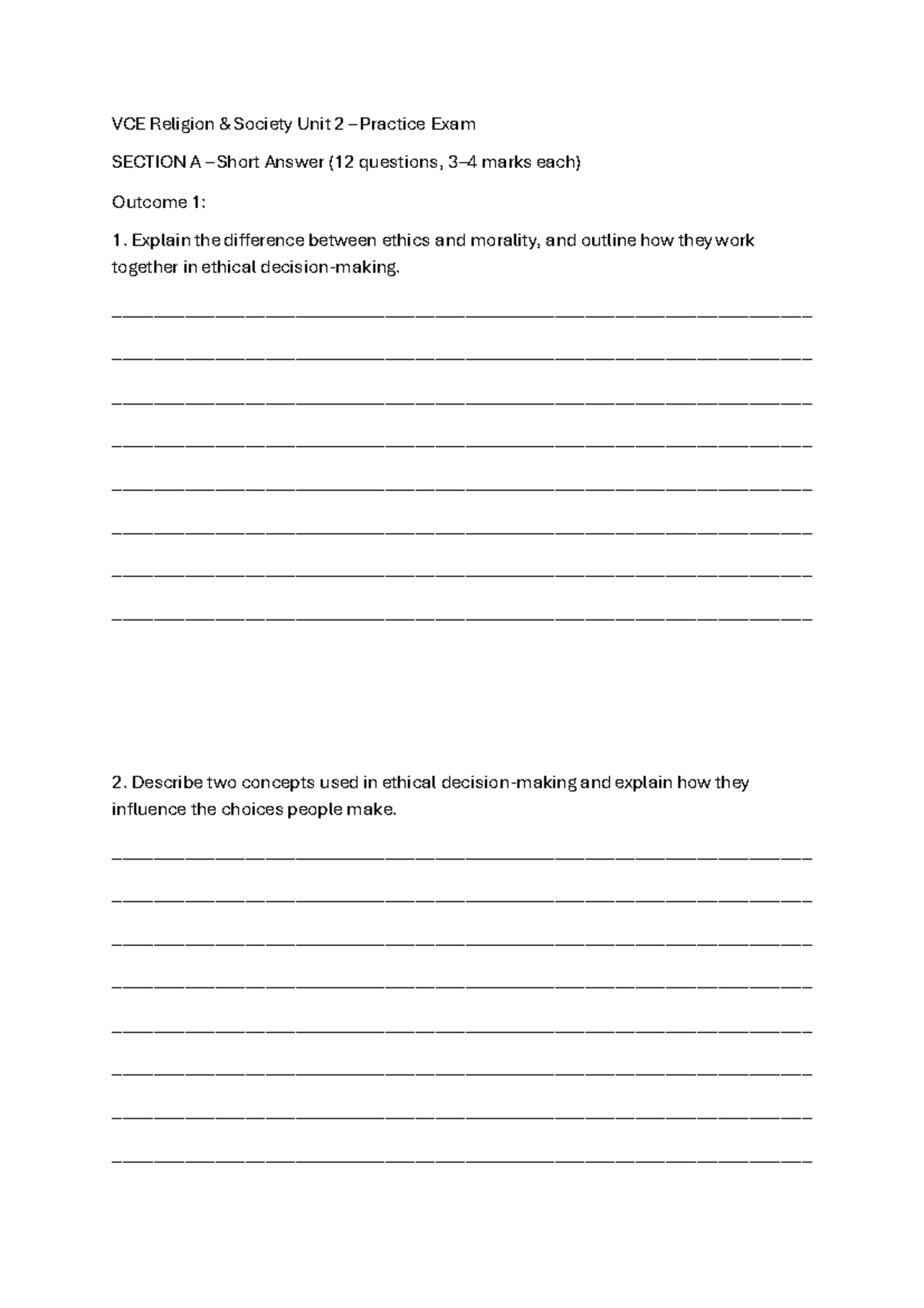 VCE Religion Society Unit 2 Practice Exam: Short Answer & Extended ...