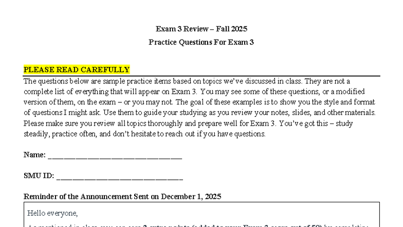 Review for Exam 3 CS1341 Fall 2025: Practice Questions and Guidelines ...
