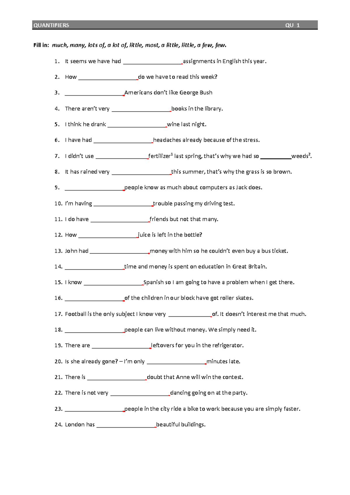 Quantifiers Worksheet - Fill in the Blanks Exercise - Studocu