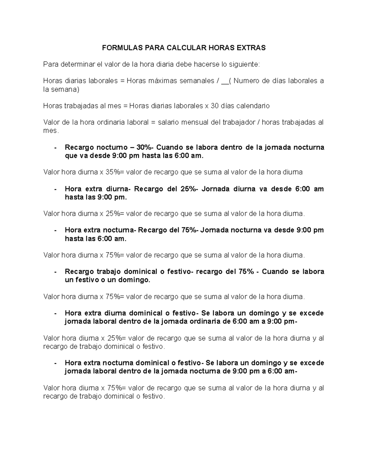 Formulas PARA Calcular Horas Extras - FORMULAS PARA CALCULAR HORAS ...