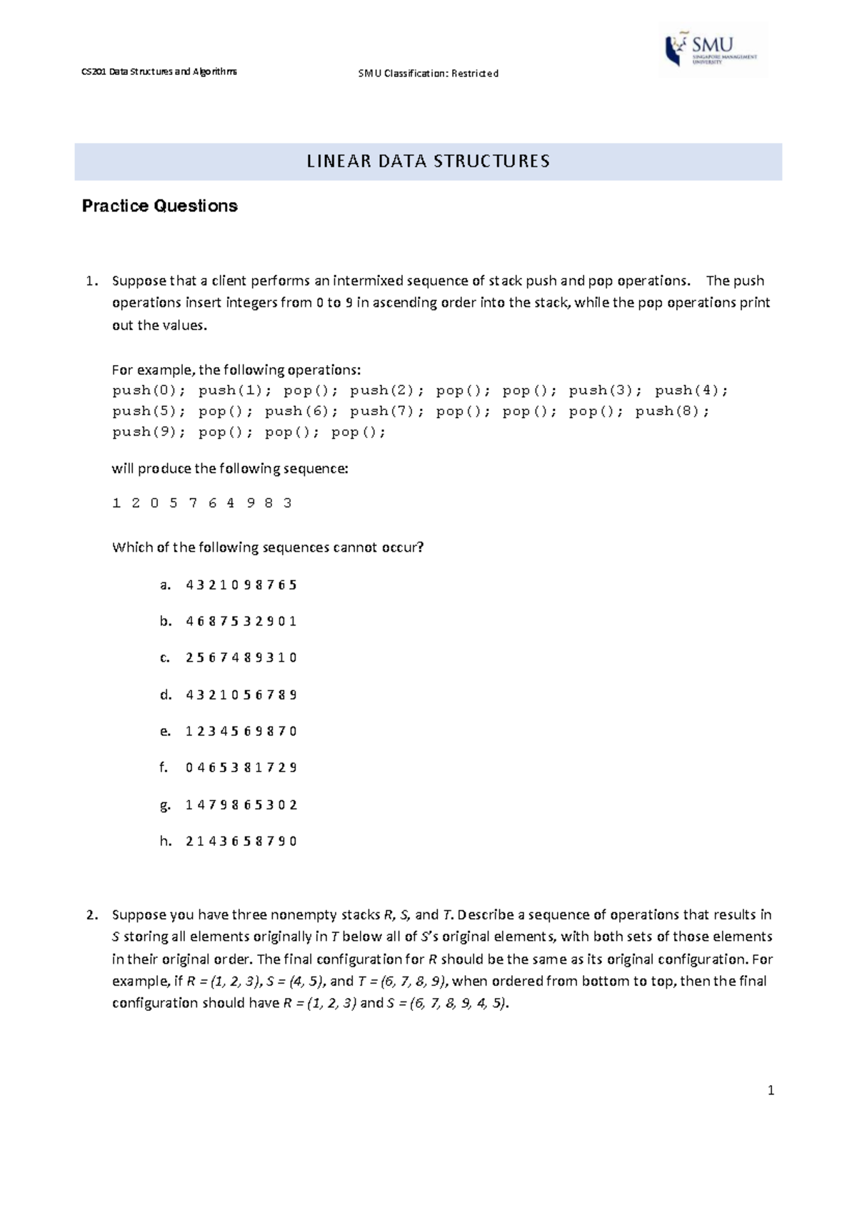 CS201 Data Structures and Algorithms: Linear Structures Practice Qs ...
