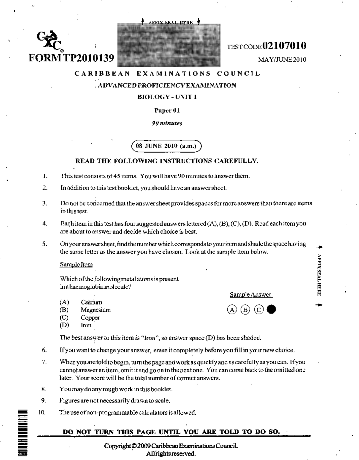 CAPE Biology 2010 Unit 1 Paper 01 Exam Instructions and Questions - Studocu