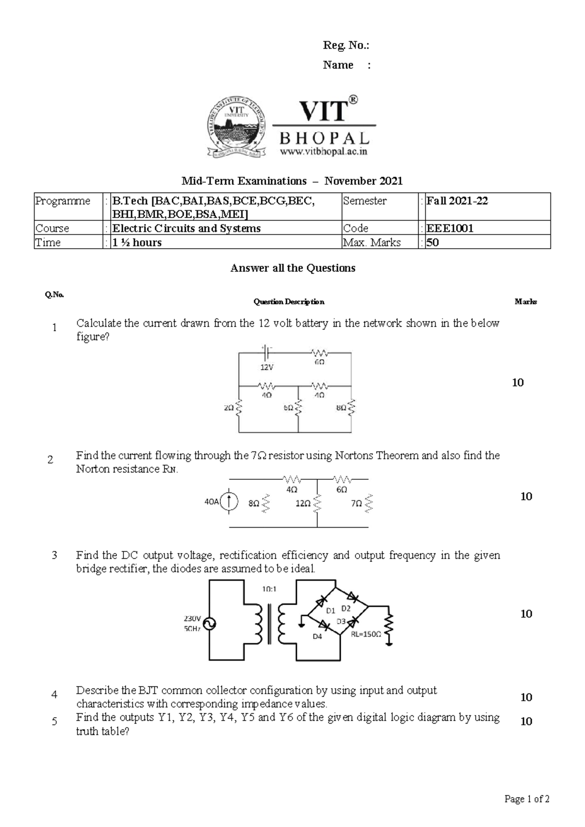 B.Tech EEE1001 Final Exam: Electric Circuits & Systems Nov 2021 - Studocu