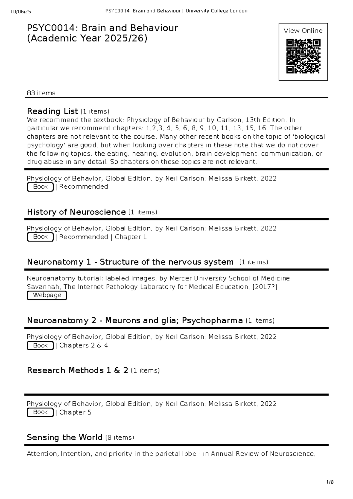 PSYC0014: Brain and Behaviour - Essential Reading List - Studocu