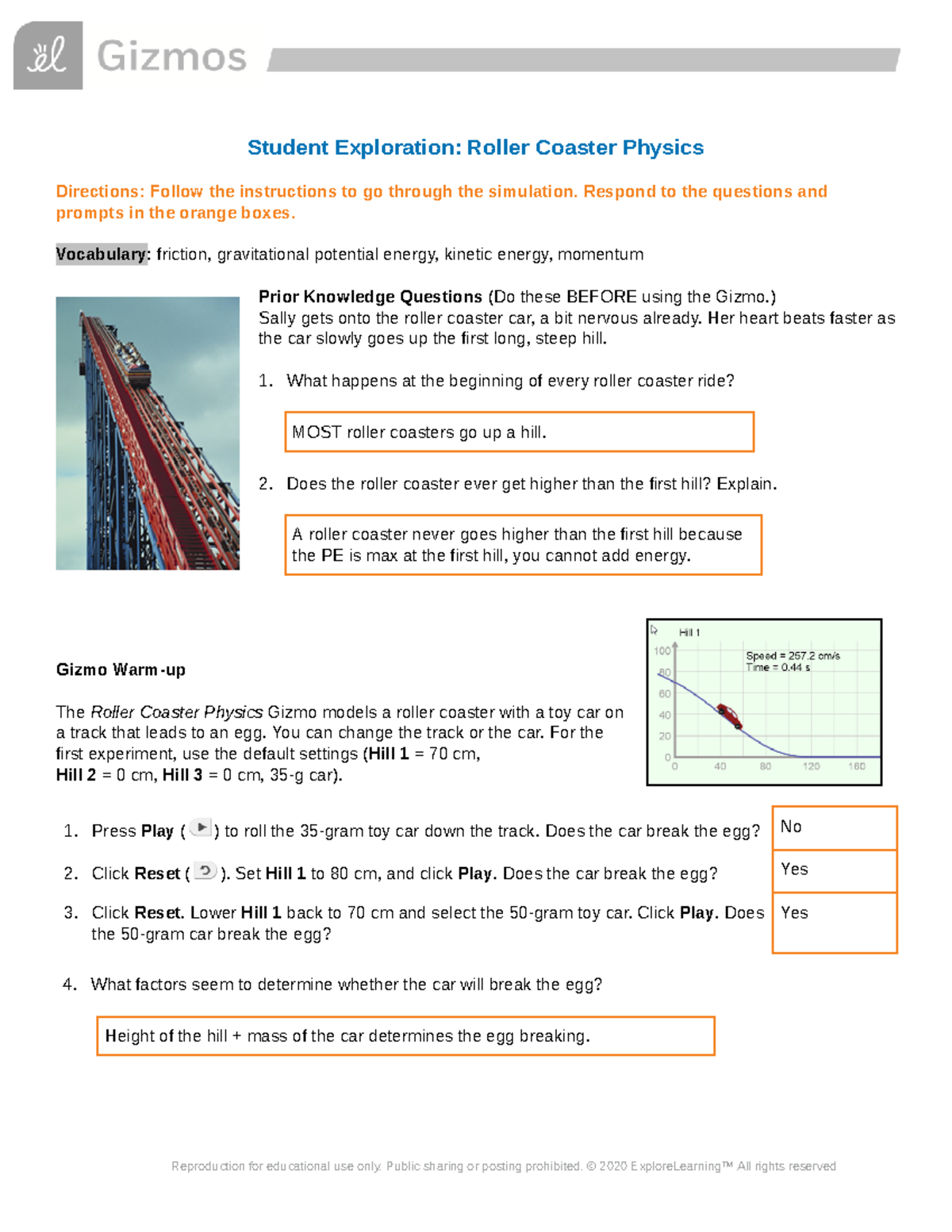 Exploring Roller Coaster Physics - Gizmo Student Guide - Studocu