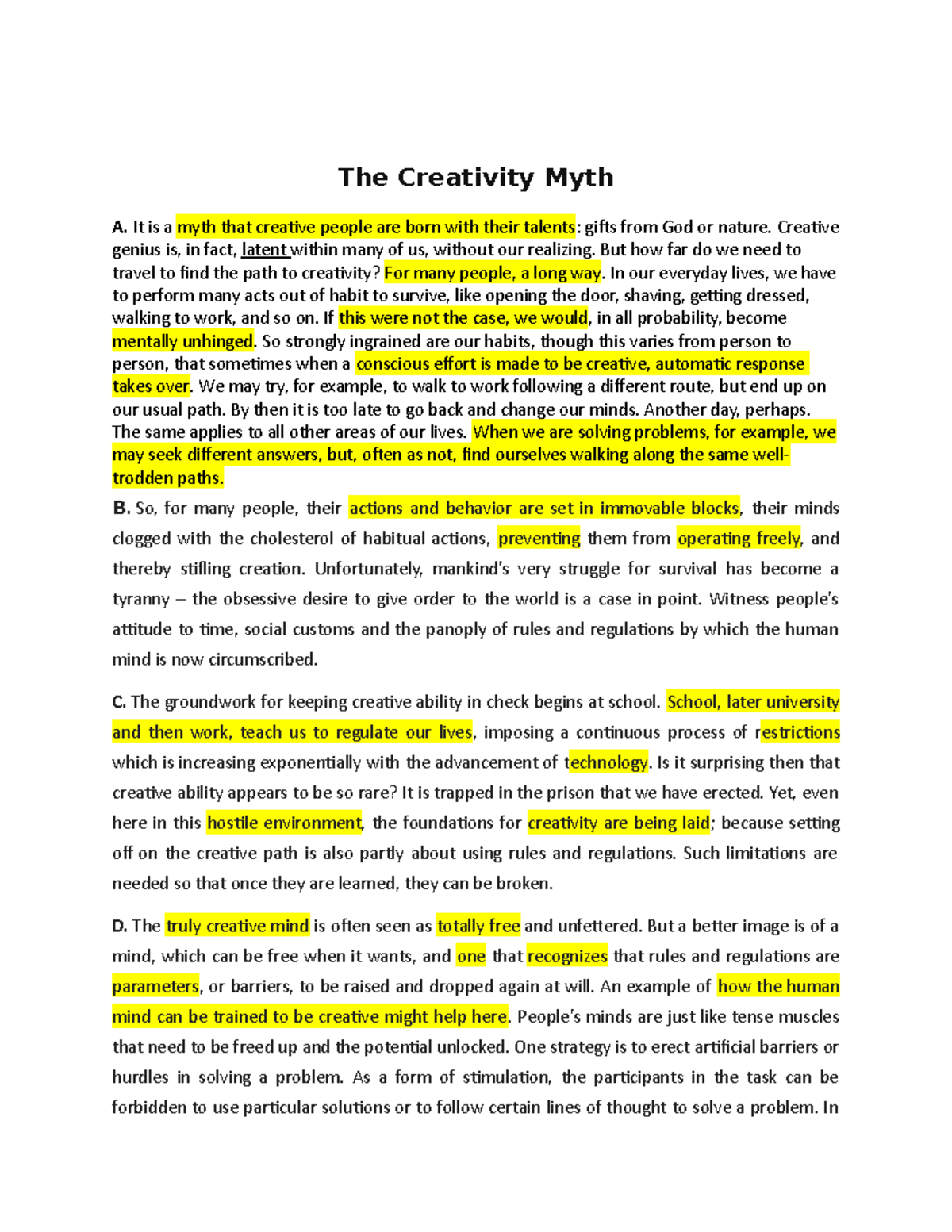 Reading Practice - The Creativity Myth Overview and Questions - Studocu