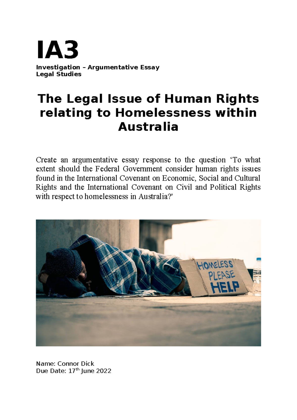 Legal Studies IA: Argumentative Essay on Homelessness in Australia ...