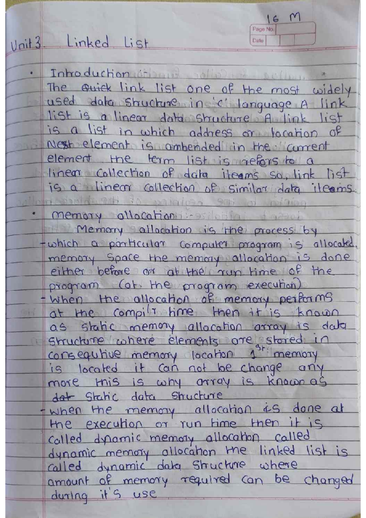 Unit 3: Linked List & Memory Allocation Overview - CS101 - Studocu