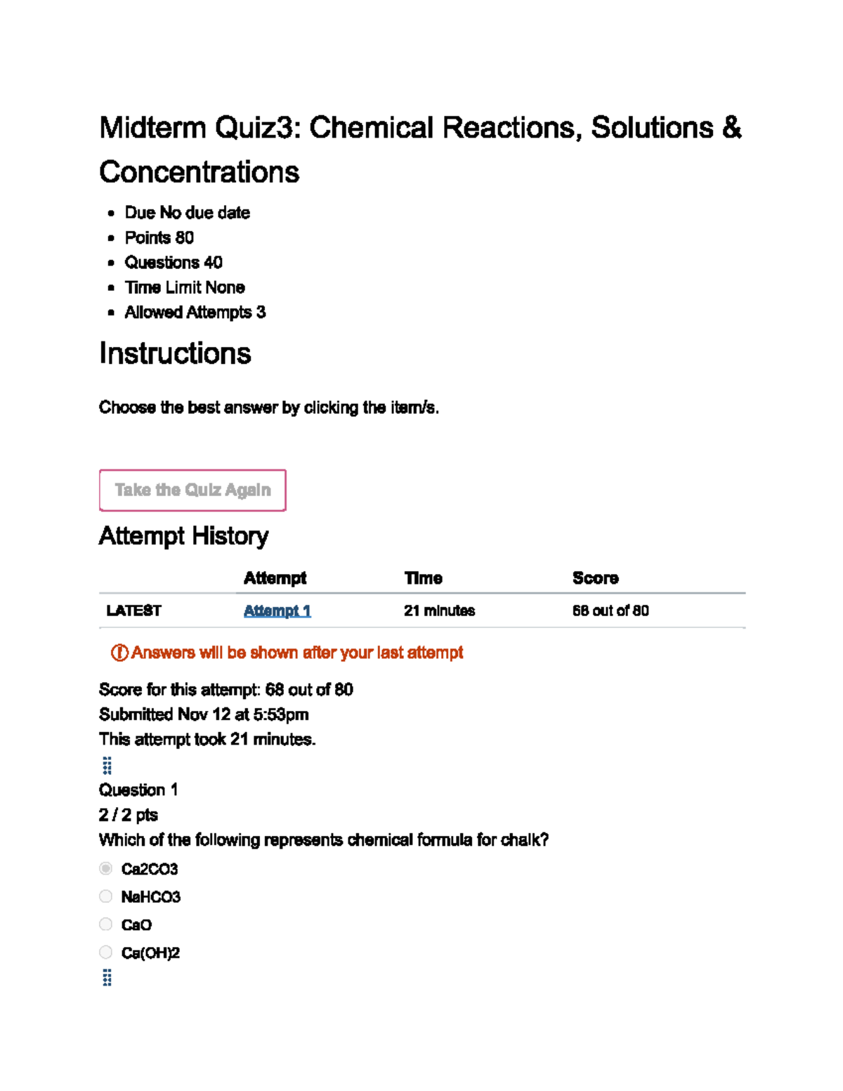 Quiz 3 - quiz 3 - Midterm Quiz3: Chemical Reactions, Solutions ...