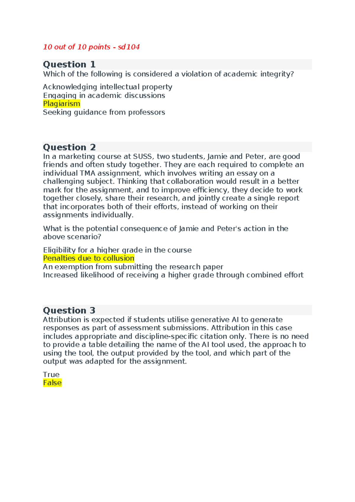 QUIZ: SD104 ACADEMIC INTEGRITY VIOLATIONS AND ETHICS - Studocu