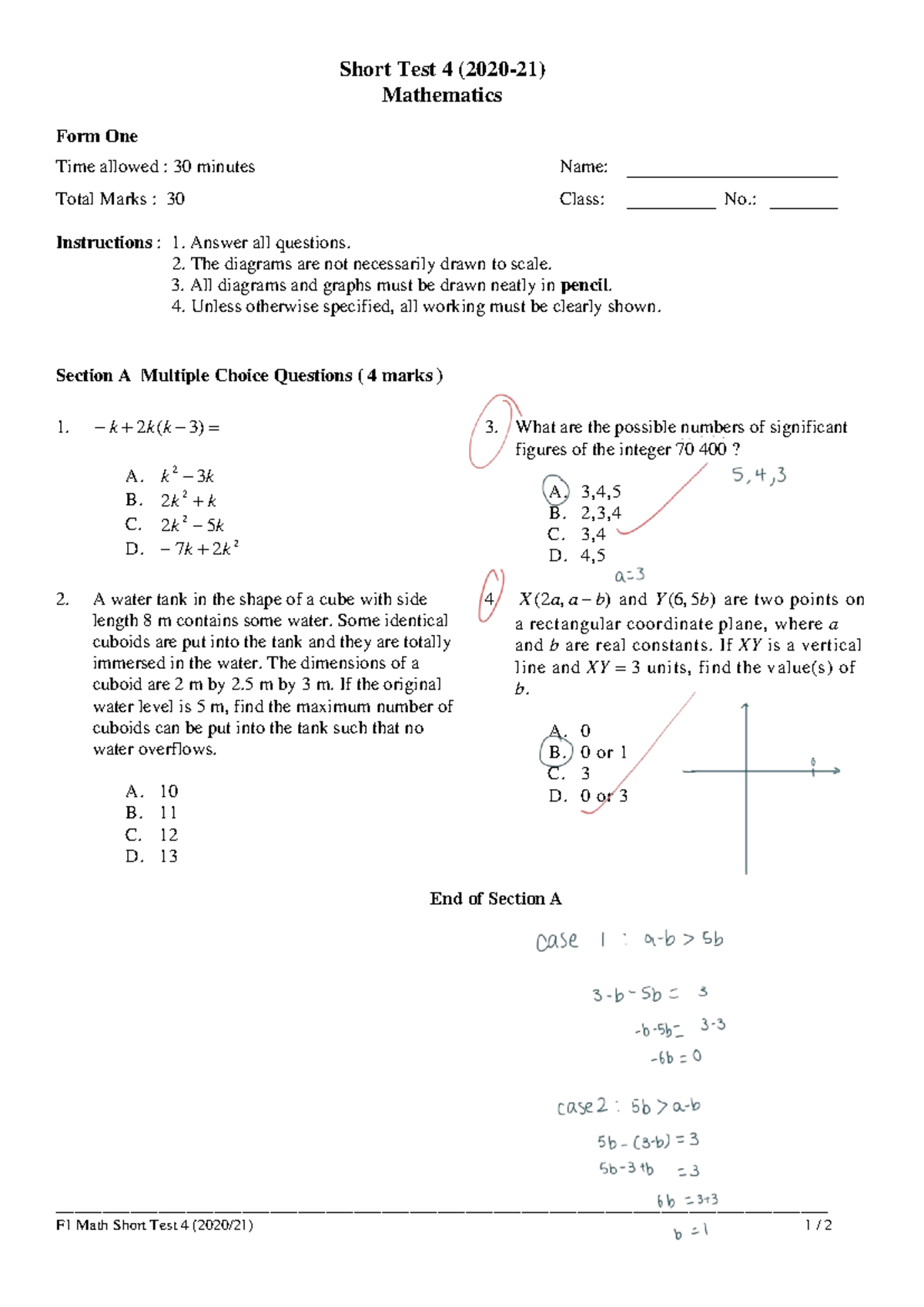 F1 Math Short Test 4 (20-21) - 30 Min, Total Marks: 30 - Studocu