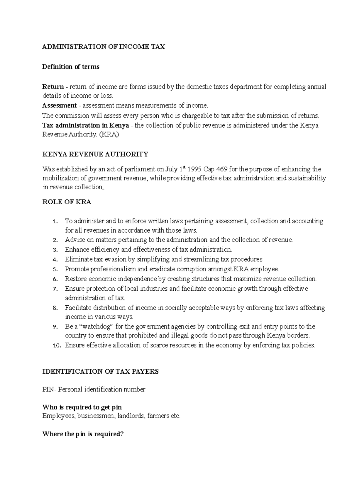 Administration of Income Tax: Key Concepts and KRA Roles - Studocu