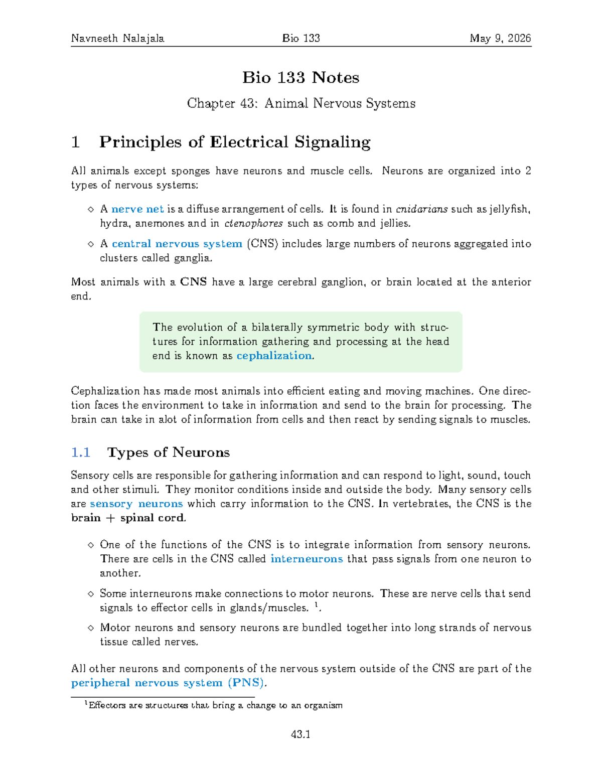 Bio 133 Final Exam Notes: Chapter 43 - Animal Nervous Systems - Studocu