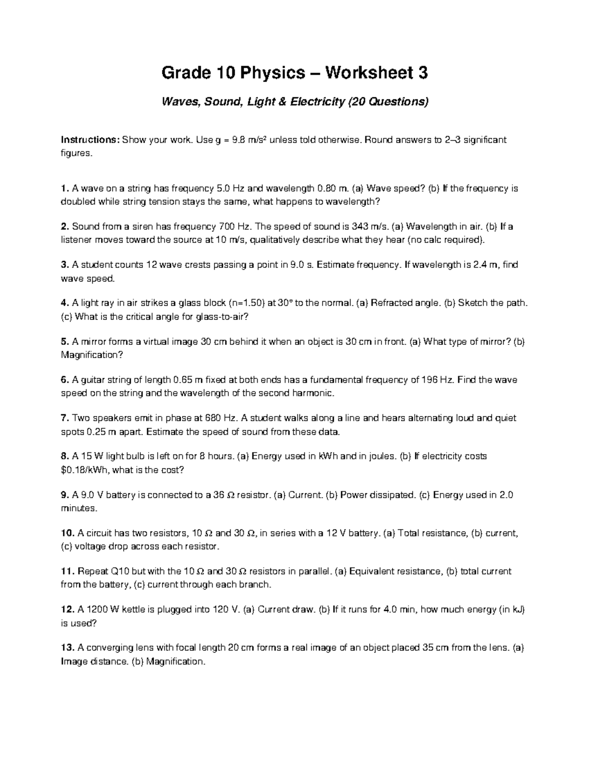 Grade 10 Physics Worksheet 3: Waves, Sound, Light & Electricity - Studocu