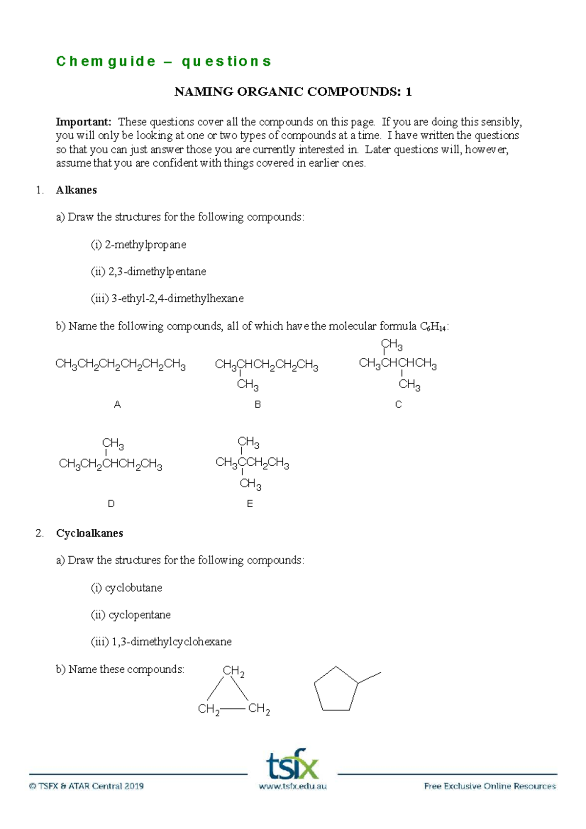 Chem 101: Organic Compounds Naming Practice Questions - Studocu