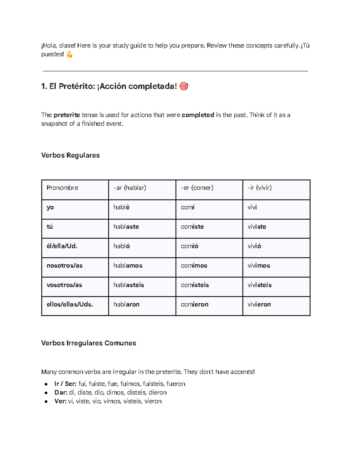 Study Guide: SPAN 101 Final Exam - Pretérito vs. Imperfecto Tense ...