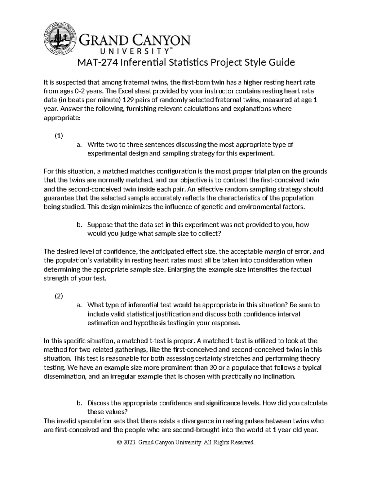 MAT 274 RS Inferential Stats Project Style Guide - FA 2023 - Studocu