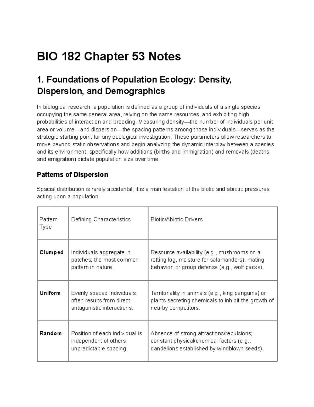 BIO 182 Chapter 53 Notes: Foundations of Population Ecology - Studocu