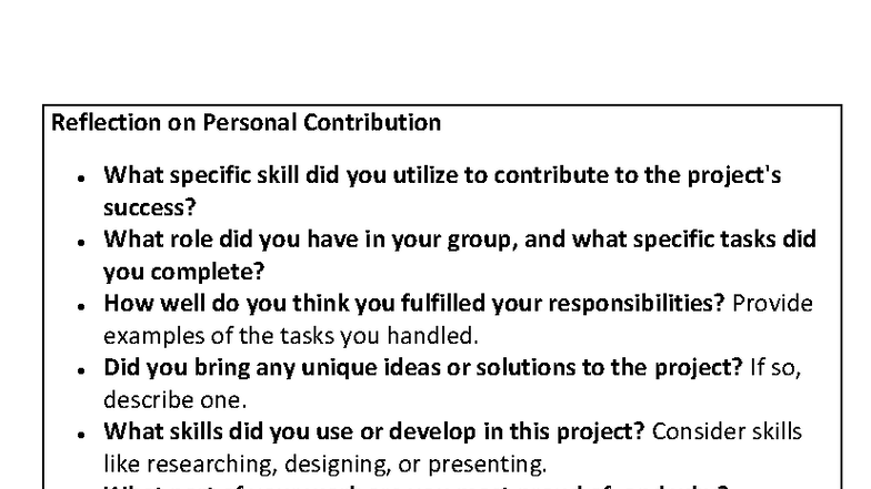 Reflection on Personal Contribution and Teamwork in Group Project - Studocu