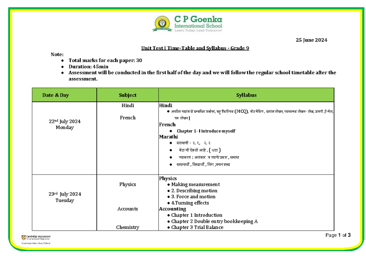 Grade 9 Mid Term I Time Table & Syllabus 2024-25 (Cpgis) - Studocu