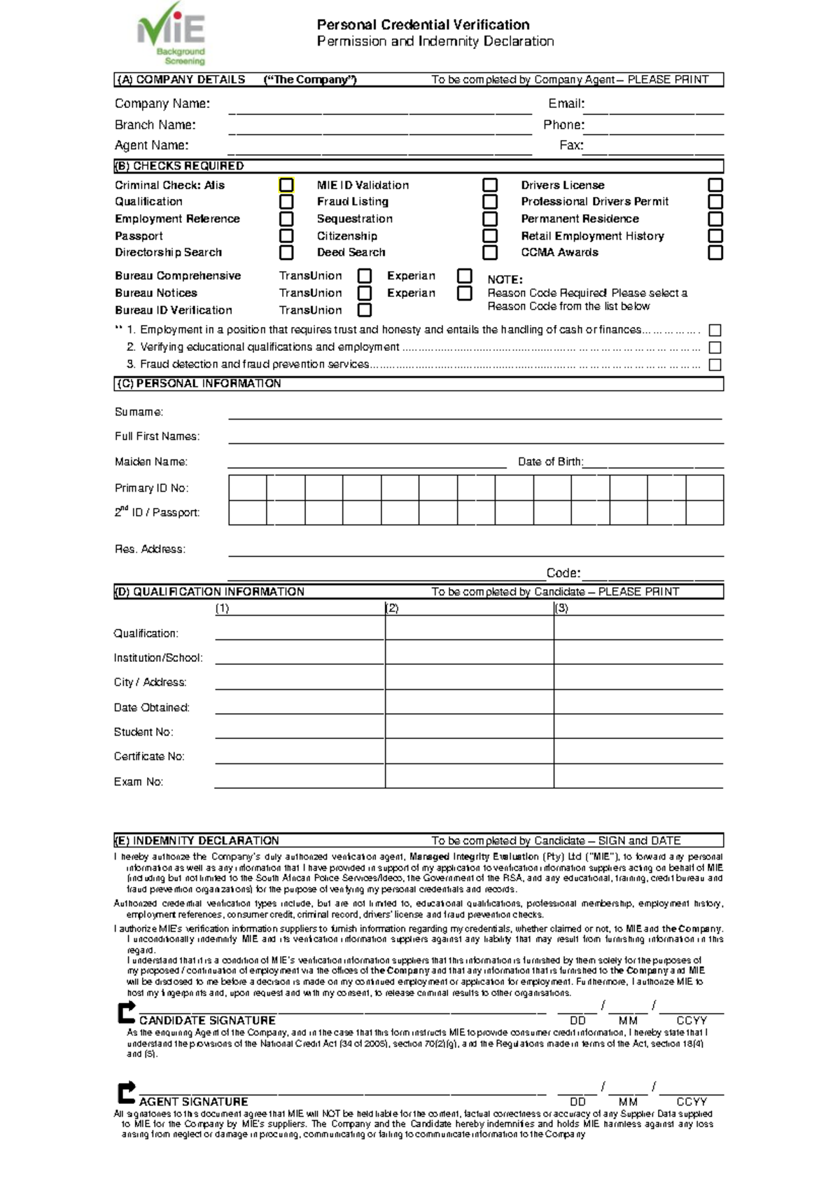 MIE Background Screening Form: Personal Credential Verification - Studocu