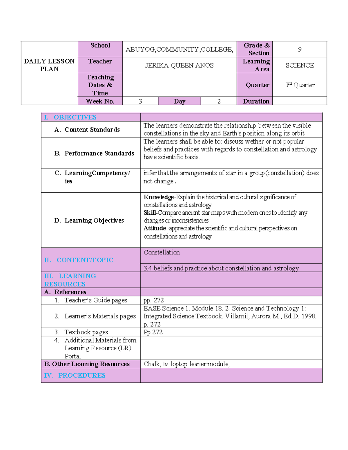 Grade 9 Science 3rd Quarter Lesson Plan: Exploring Constellations - Studocu