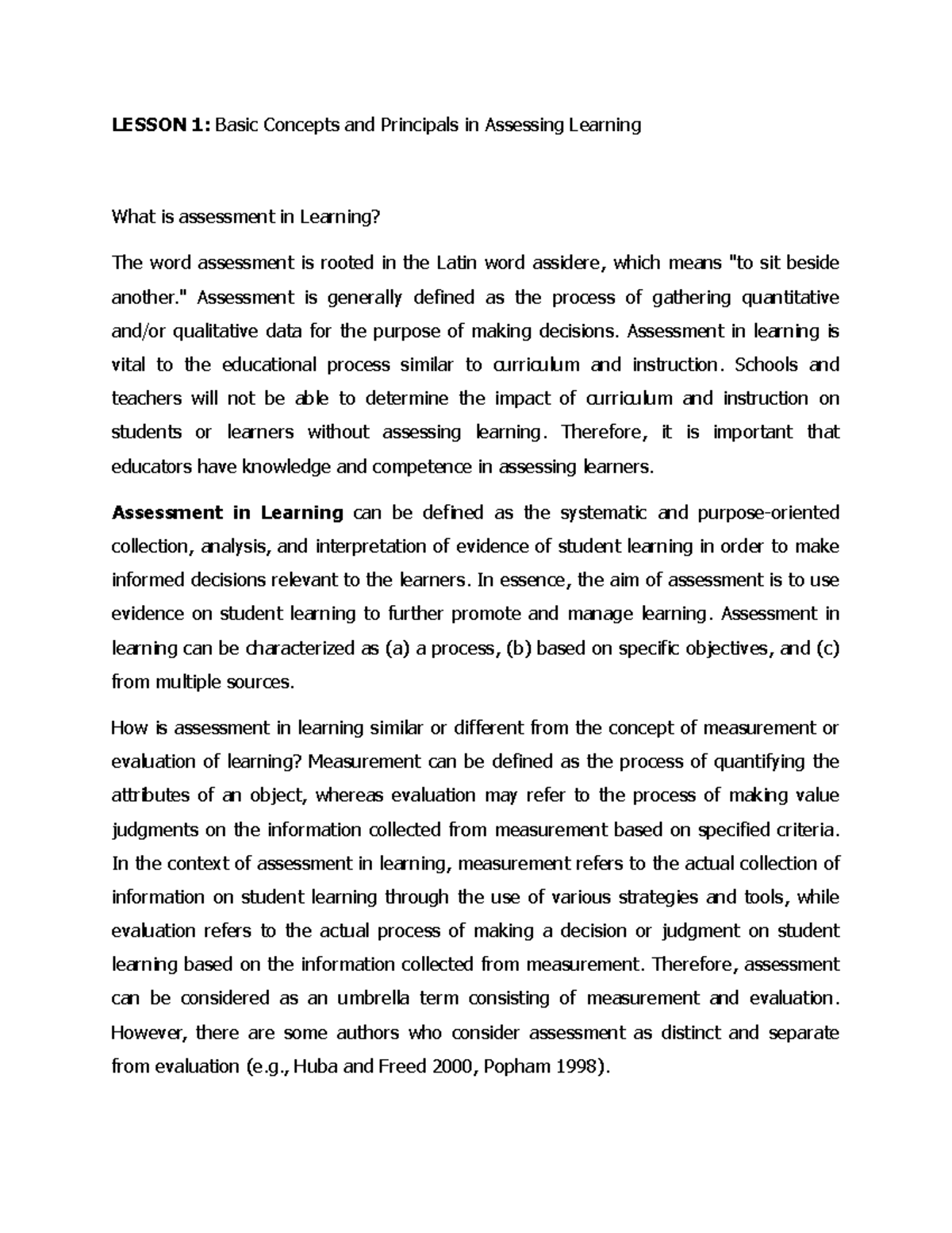 LESSON 1: Understanding Assessment in Learning Concepts and Principles ...