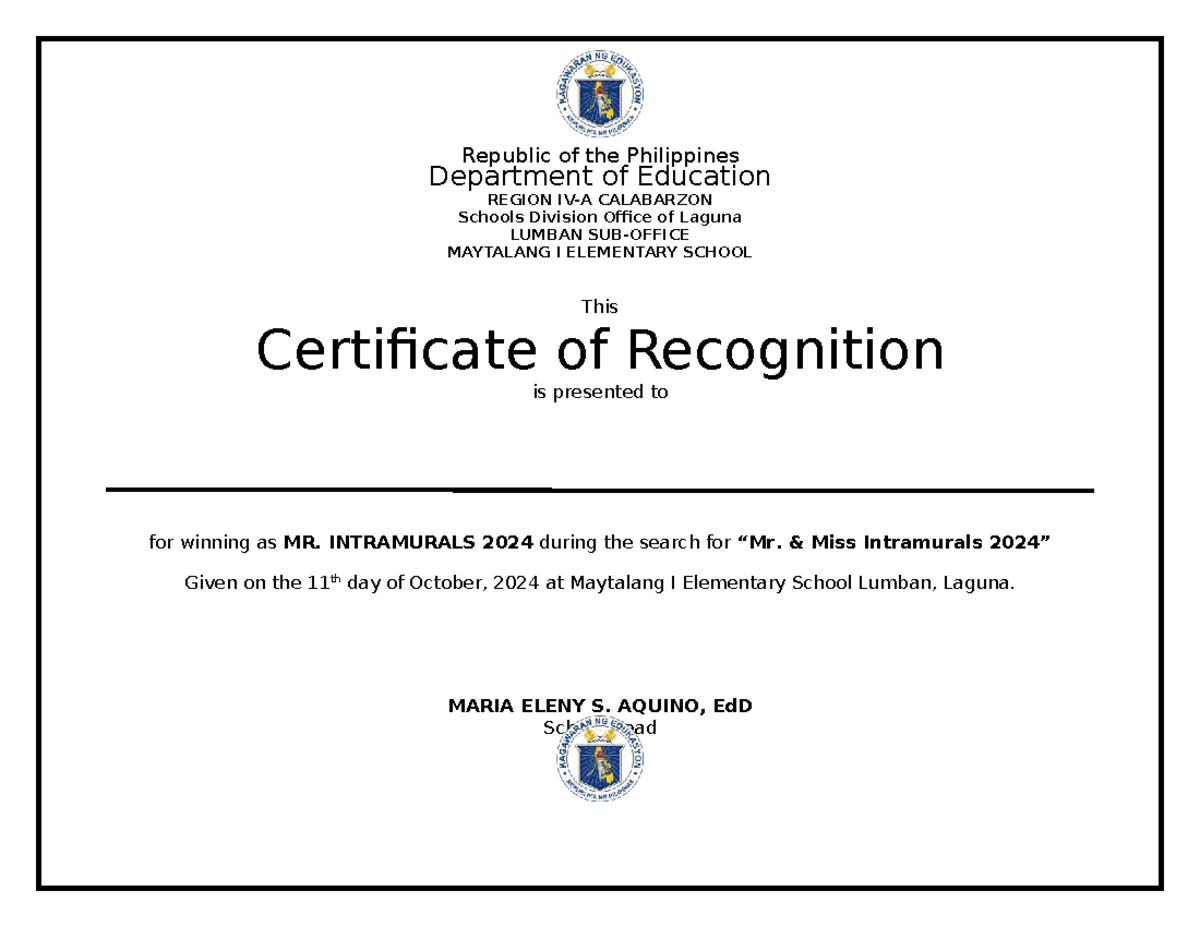 Certificate of recognition for intramurals winners 2023-2024 - Studocu