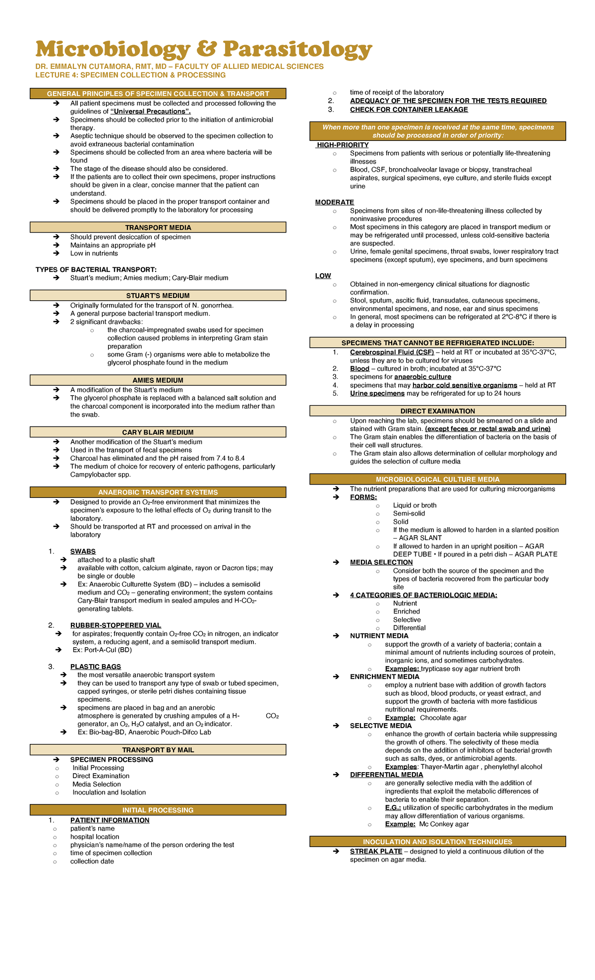 Micro LEC 4 (Specimen Collection and Processing) - Microbiology & Parasitology DR. EMMALYN - Studocu