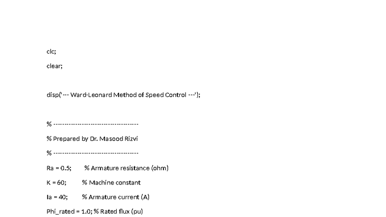 Ward Leonard Method: Speed Control Techniques in Matlab - Studocu