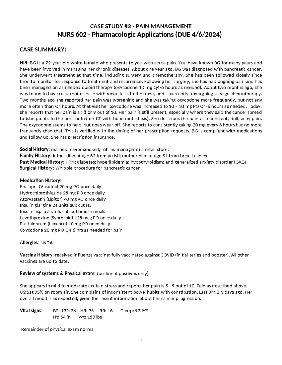 Case Study: Pain Management in Cancer Patients NURS 602 - Studocu