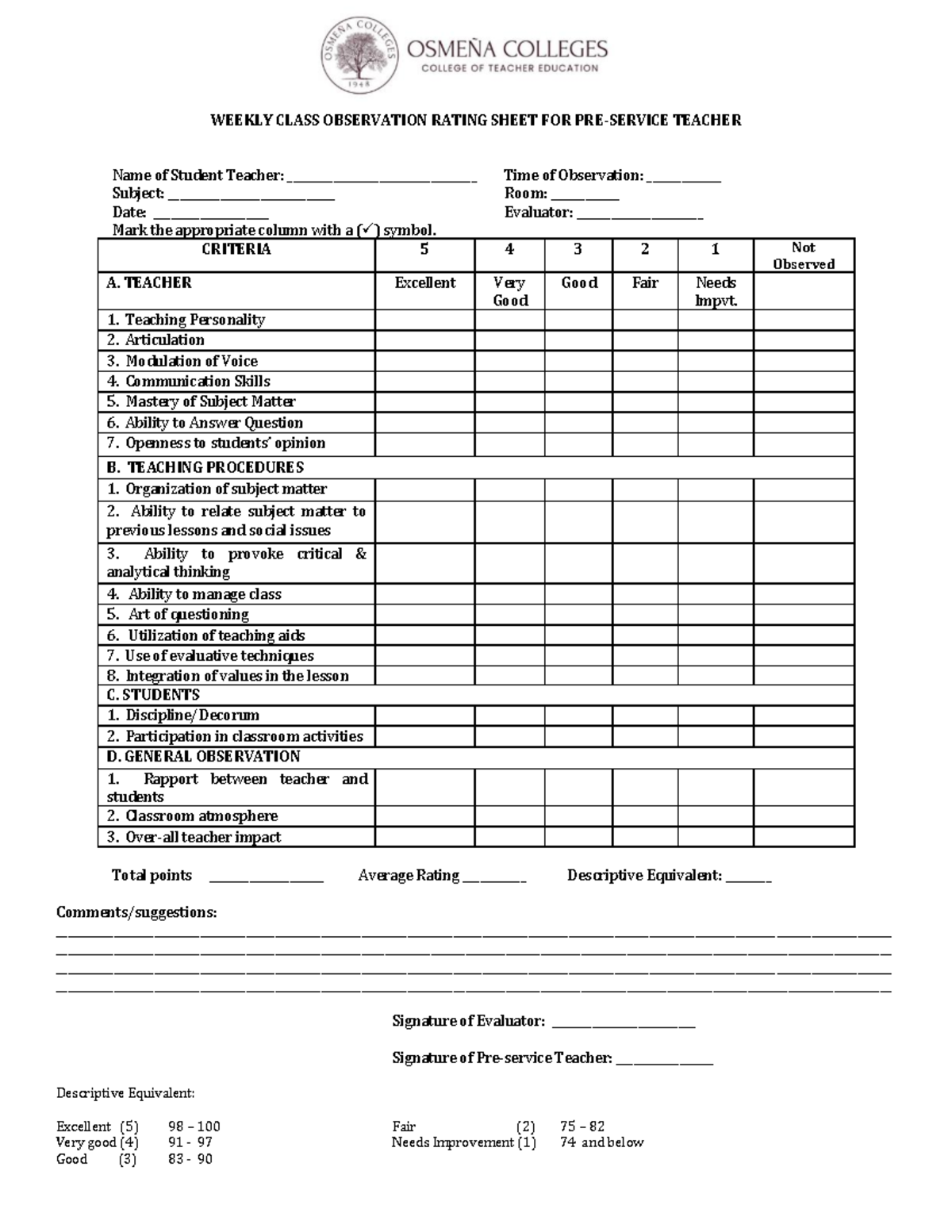 Weekly Class Observation Rating Sheet FOR PRE - WEEKLY CLASS ...