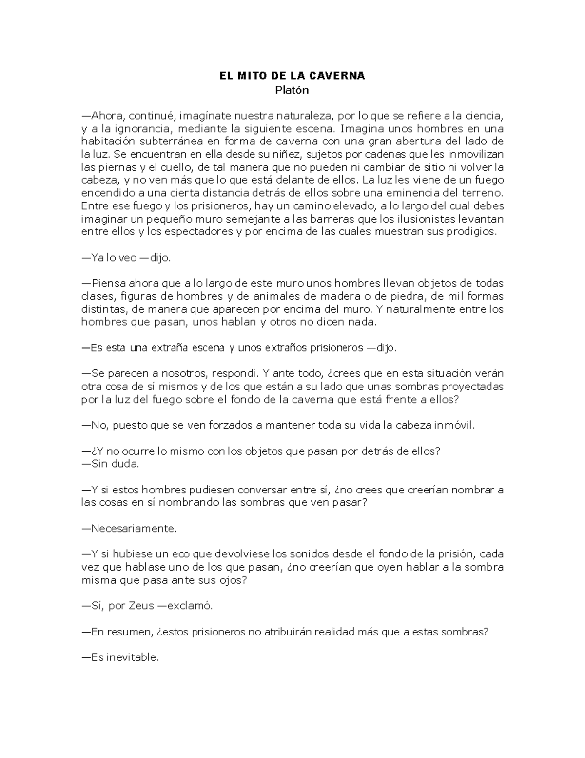 EL MITO DE LA CAVERNA - Ideas Principales y Análisis - Studocu