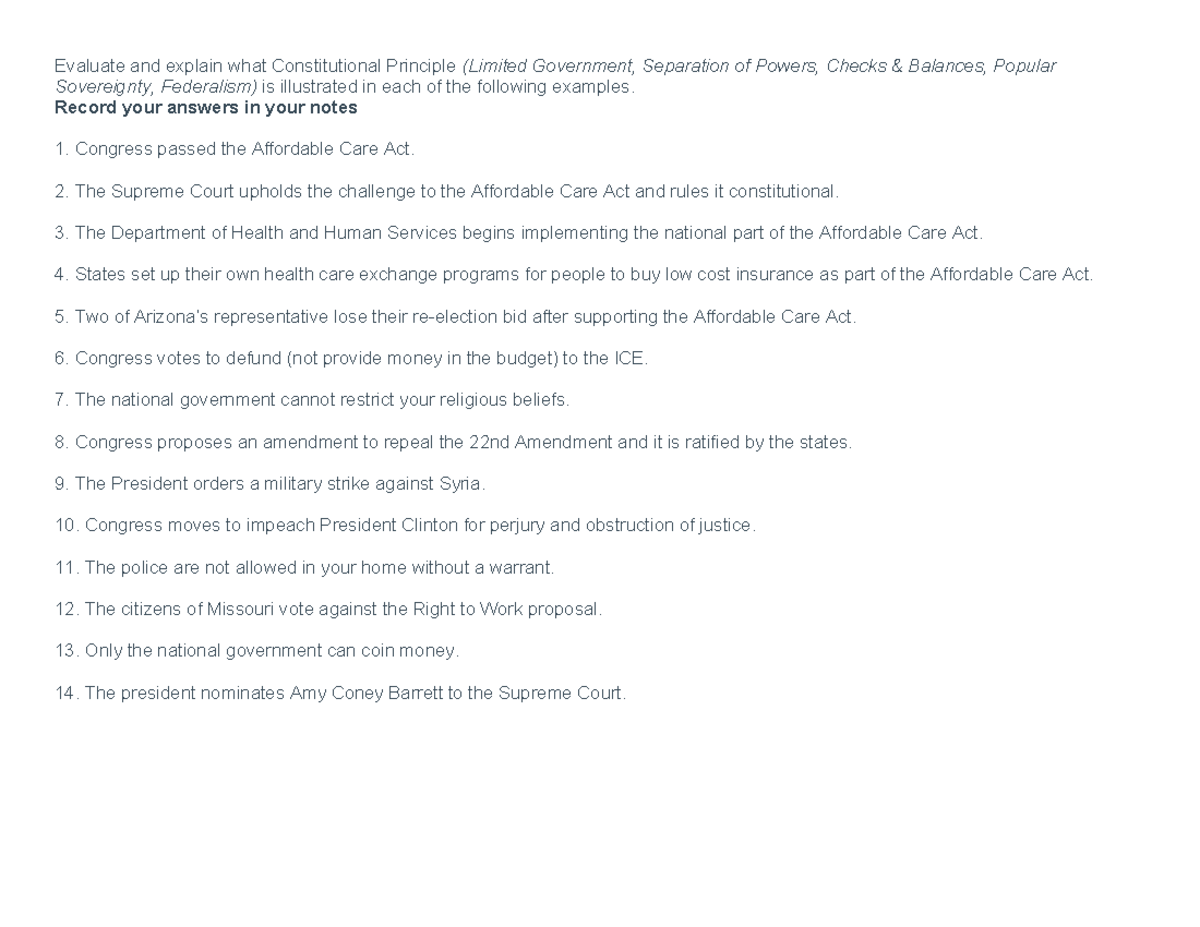 Constitutional Principles Worksheet: Limited Gov, Separation of Powers ...